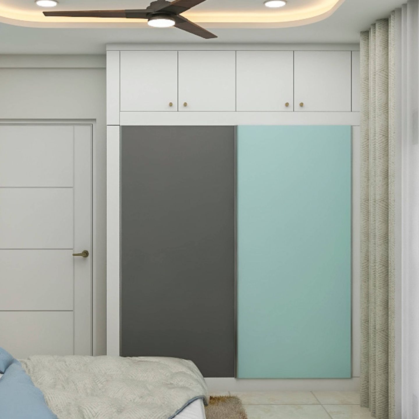 Blue And Grey Wardrobe Design With White Lofts | Livspace