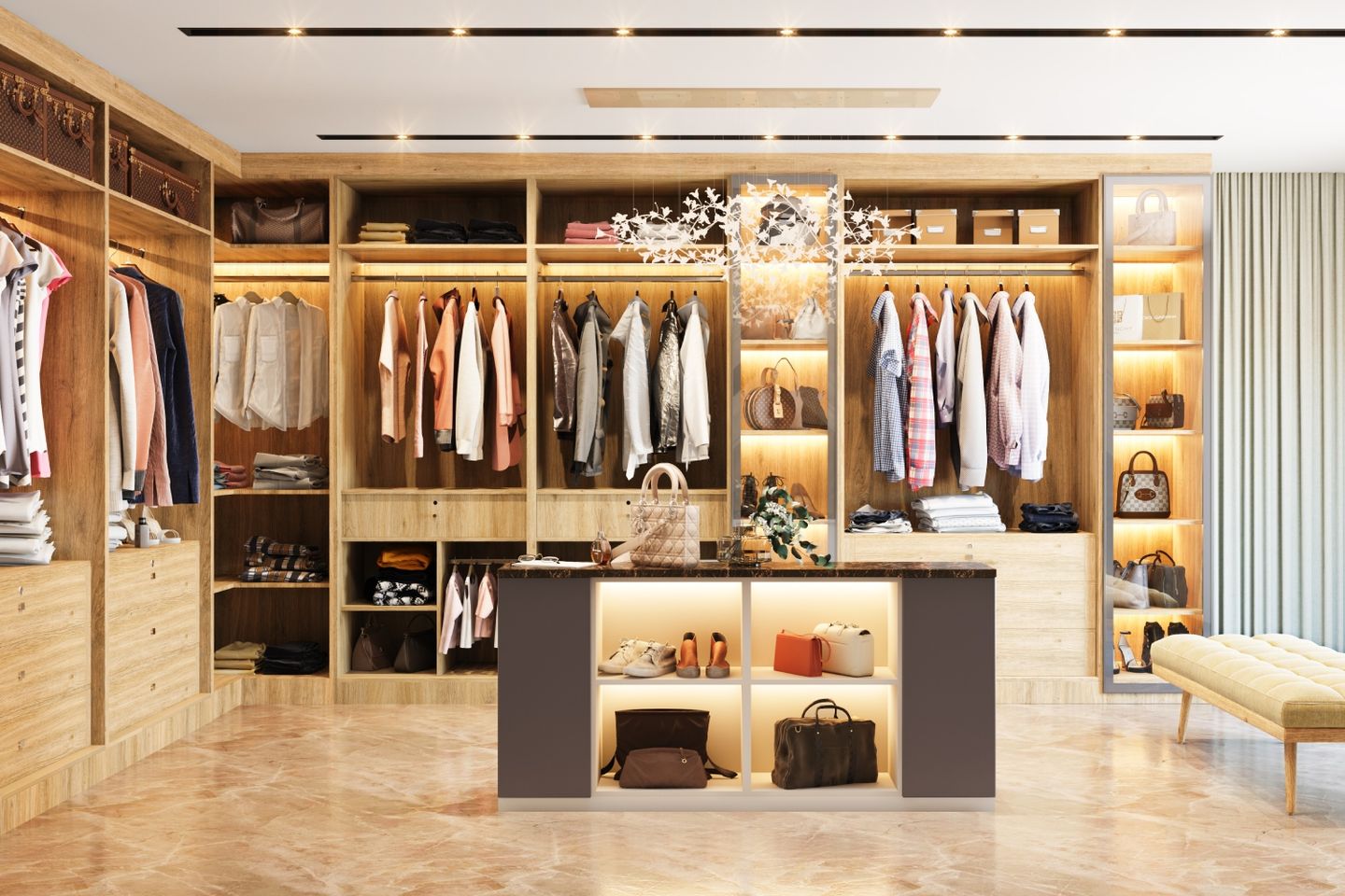 Floor-To-Ceiling Wooden Walk-In Wardrobe Design | Livspace