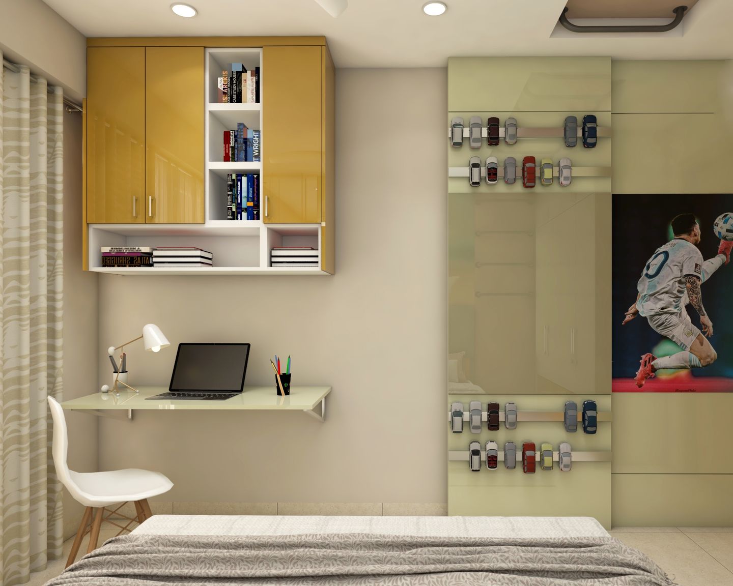 Boys Room Design With Glossy Wall Panel And Car Fixtures | Livspace