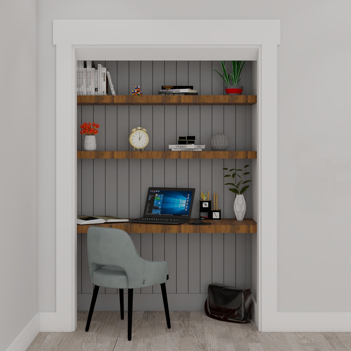 Study Room Design With Wall-Mounted Ledges And Grey Wall Panelling ...