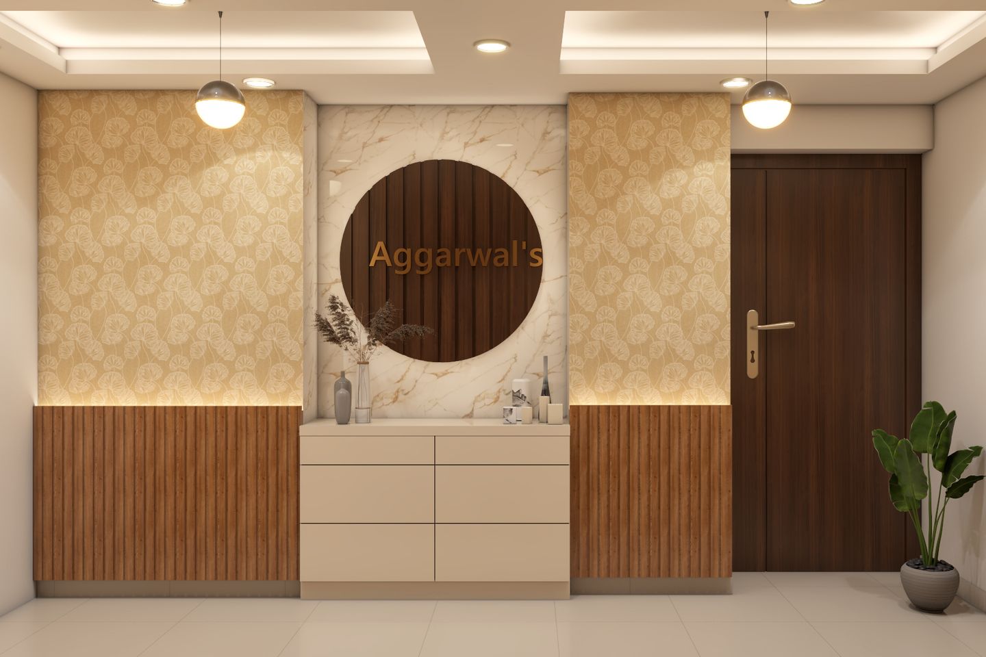Foyer Design With Gold Patterned Wallpaper | Livspace