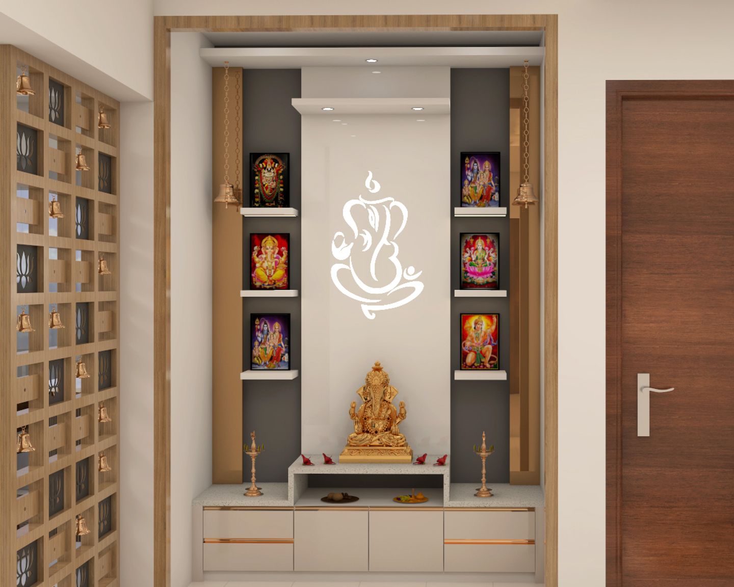 Floor-Mounted Champagne-Toned Mandir Unit With CNC Wooden Panel | Livspace
