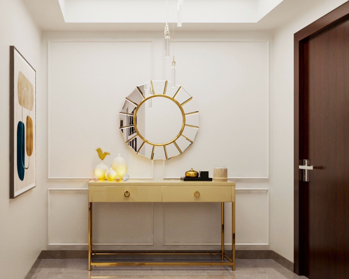 Foyer Design With Floor-Mounted Storage Unit And Accent Wall With Trims ...