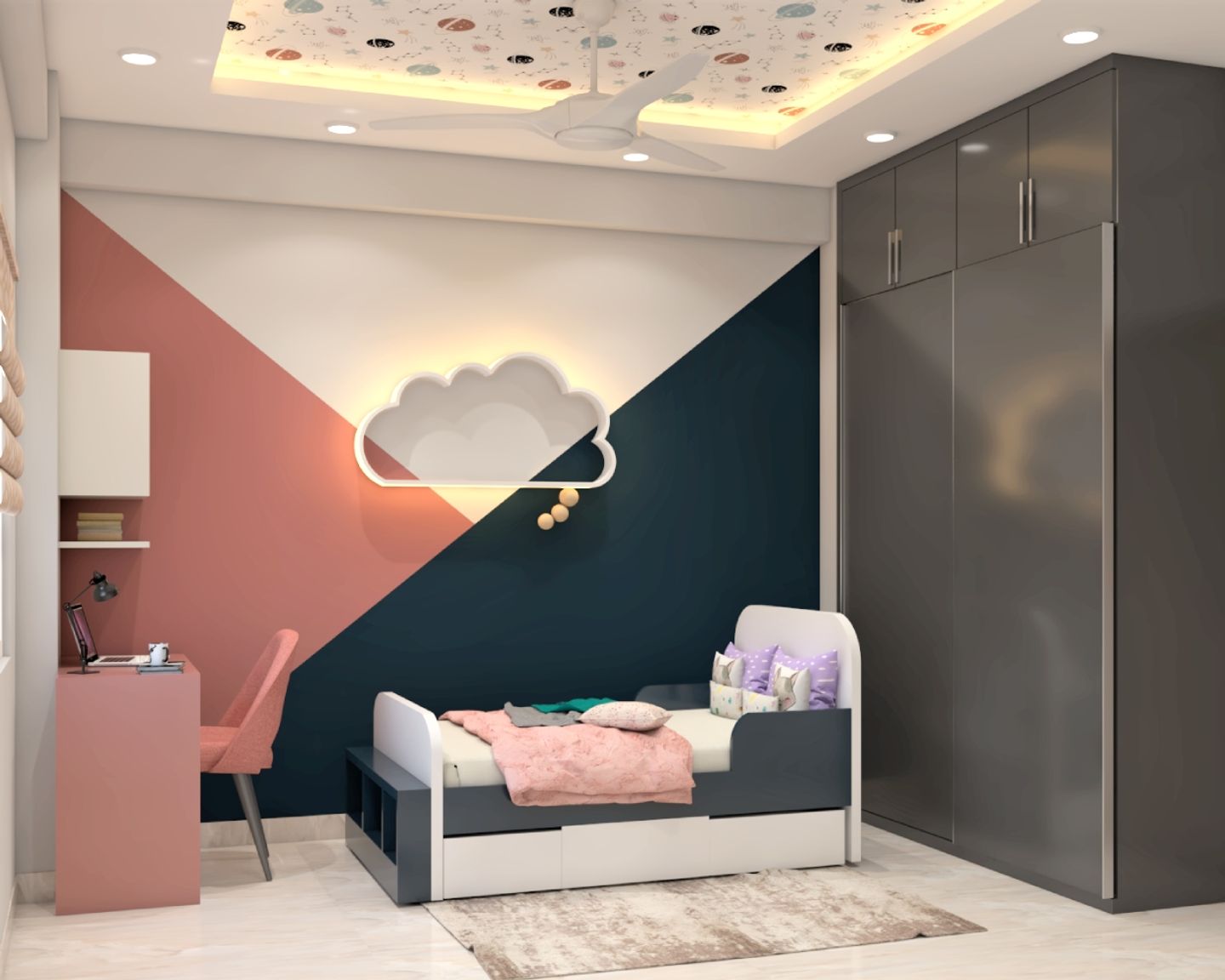 Kids Room Design With Dual Study Tables And Tri-Toned Wall | Livspace