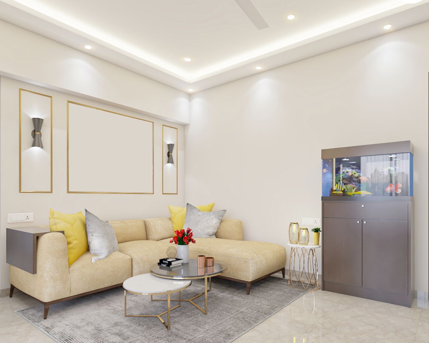 Living Room Design With Beige Sectional Sofa And Wooden Storage Unit ...