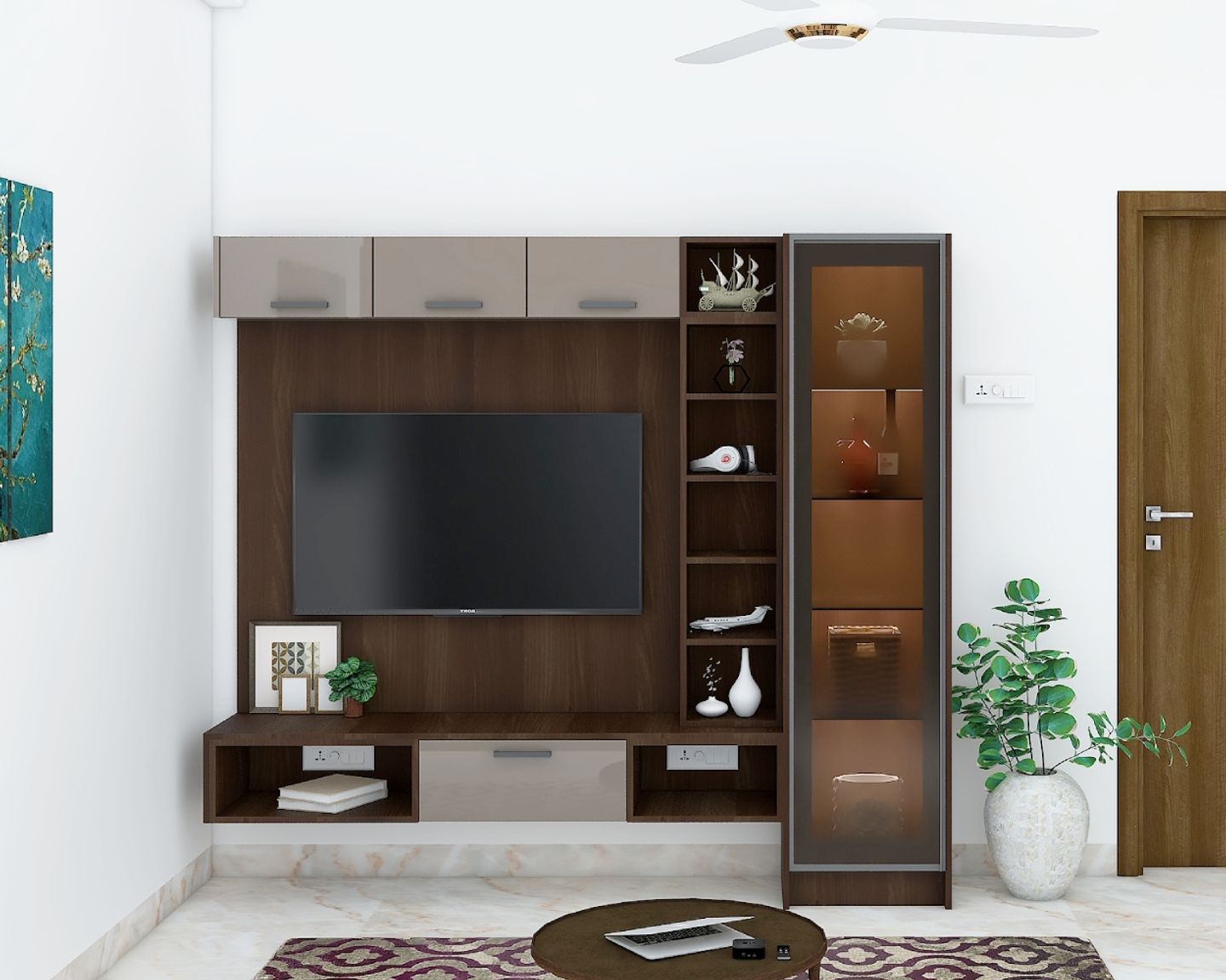 Grey And Wood TV Unit Design With Closed And Open Storage | Livspace