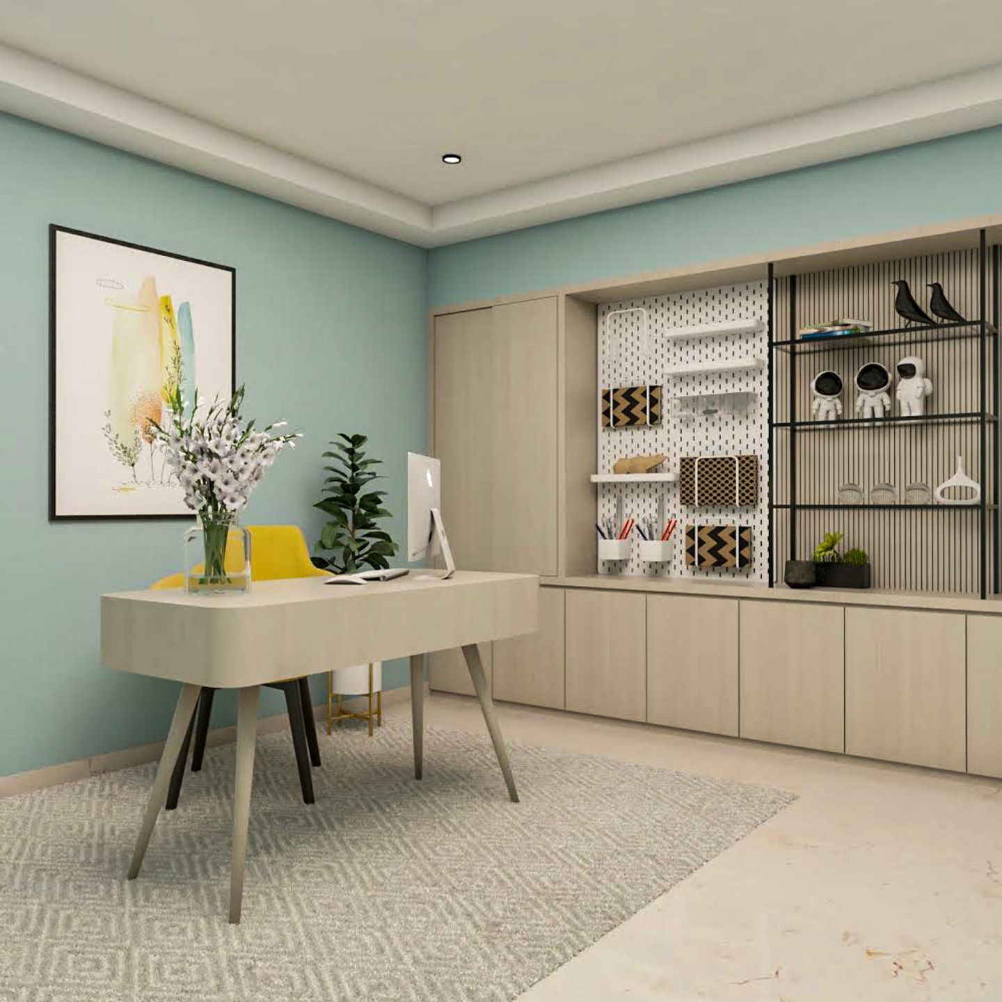 Beige And Blue Contemporary Home Office Design With Storage Unit - 9x10 ...