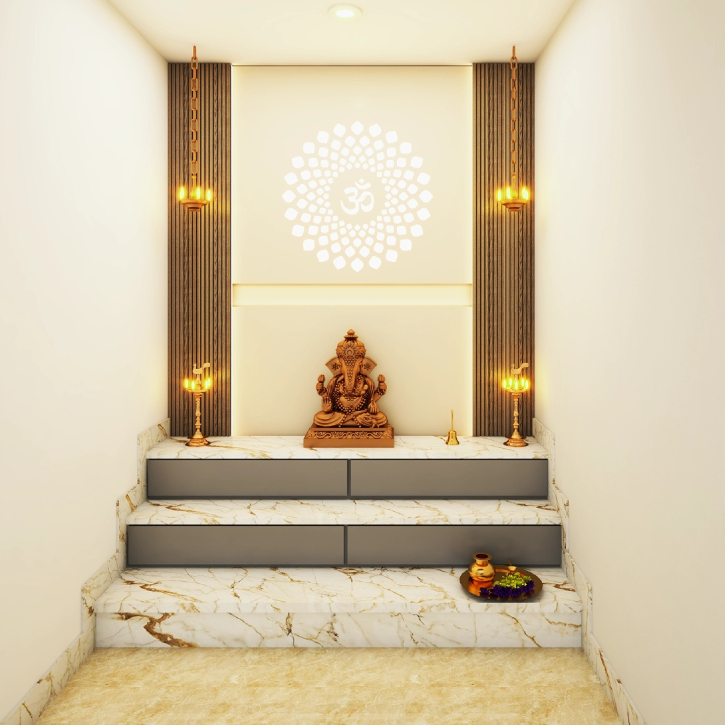 Modern Pooja Room Design With Wooden Fluted Panel And Stepped Platform ...