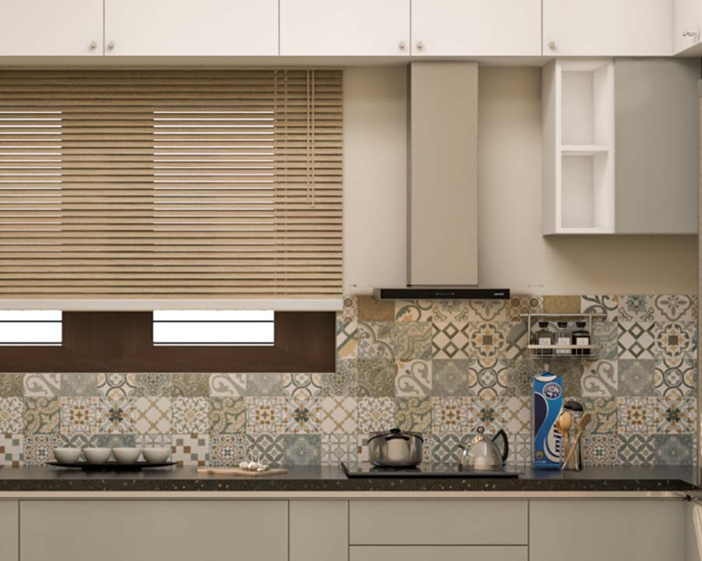 Brown Patterned Kitchen Tile Design For Small Kitchens | Livspace
