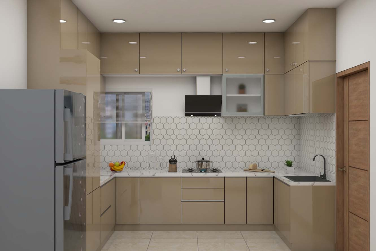 Minimalist White And Beige Kitchen Tile Design | Livspace