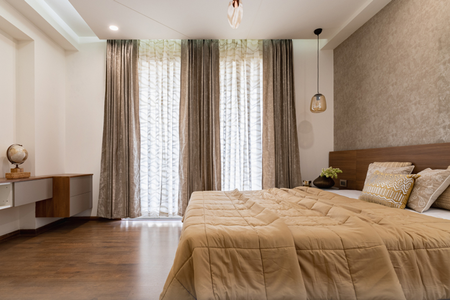 Beige Textured Bedroom Wall Paint Design | Livspace