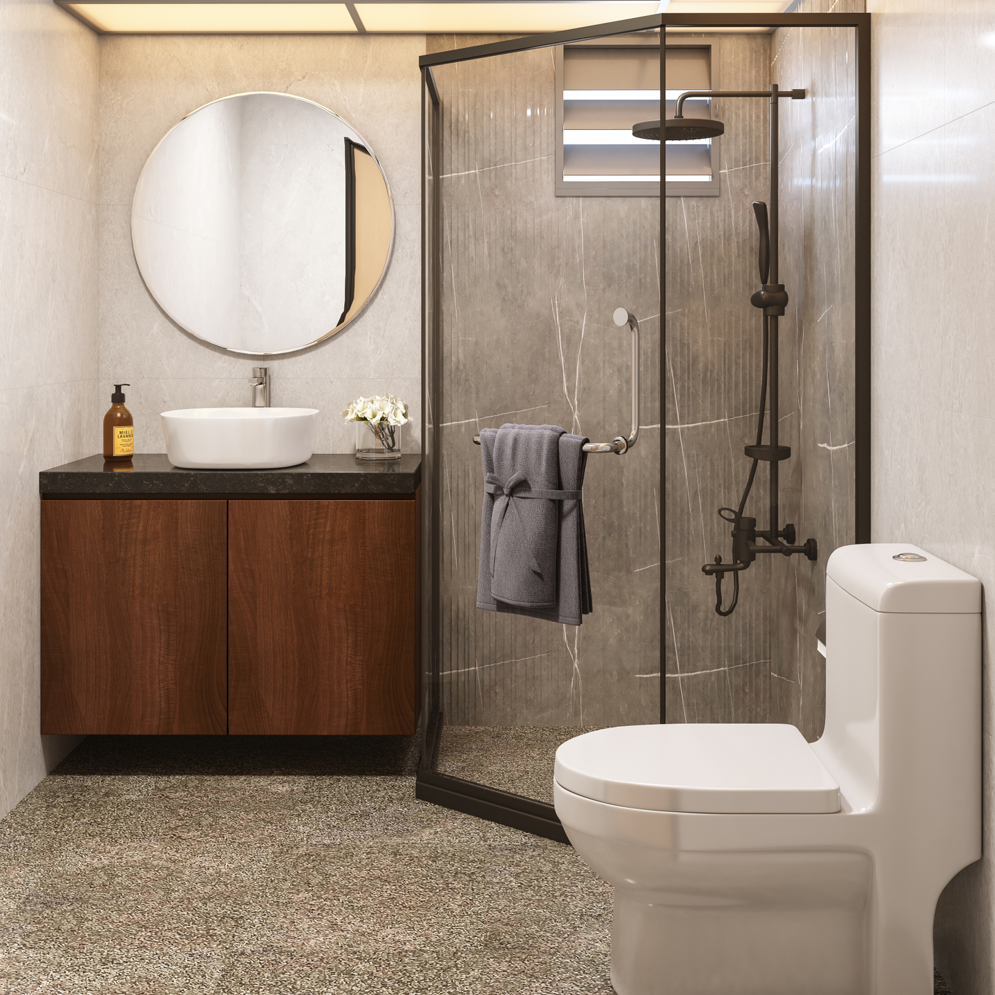 Contemporary Compact Bathroom Design with Round Mirror | Livspace