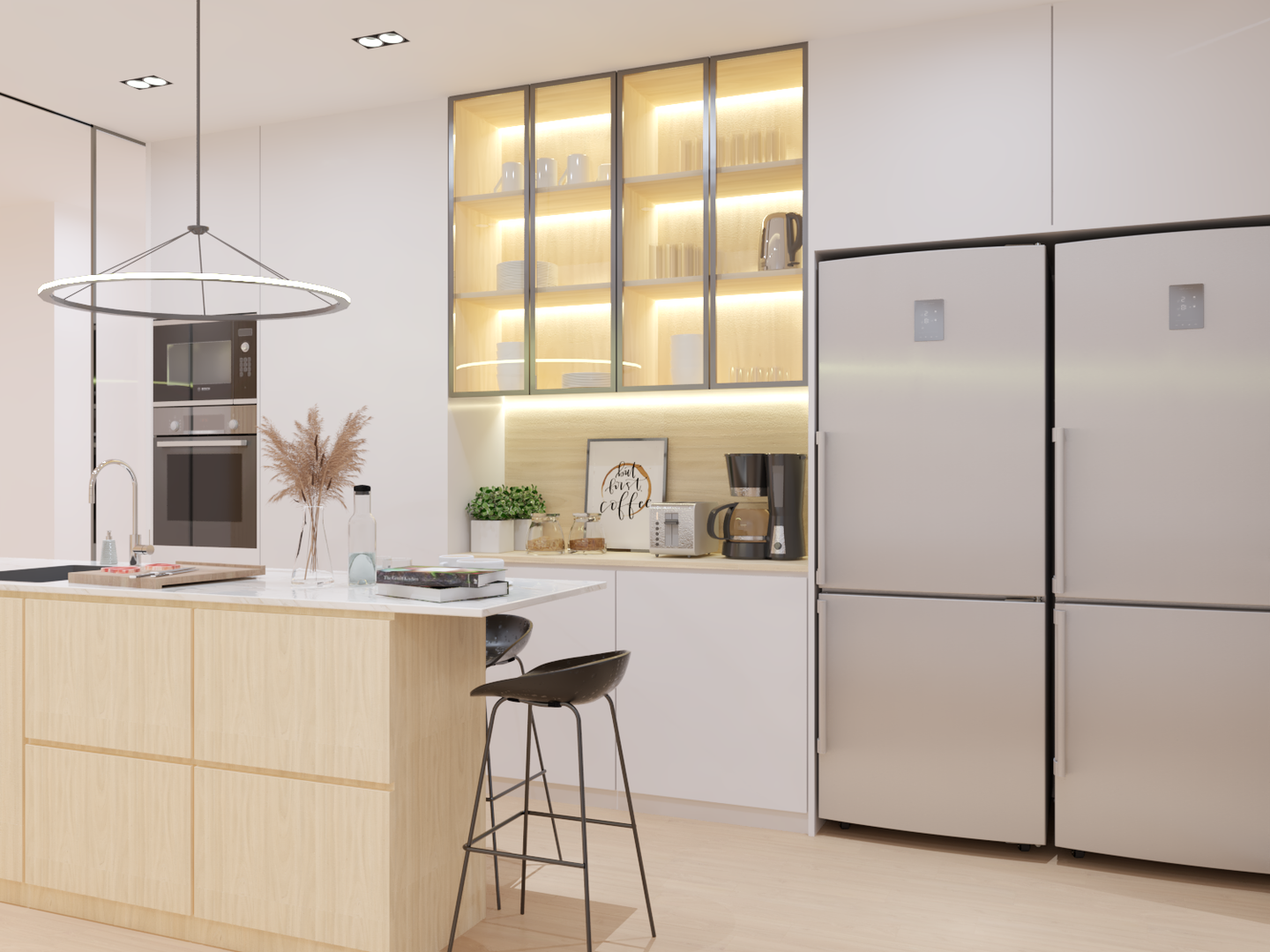 Multi-Functional Kitchen with Bar Unit and Work Area | Livspace