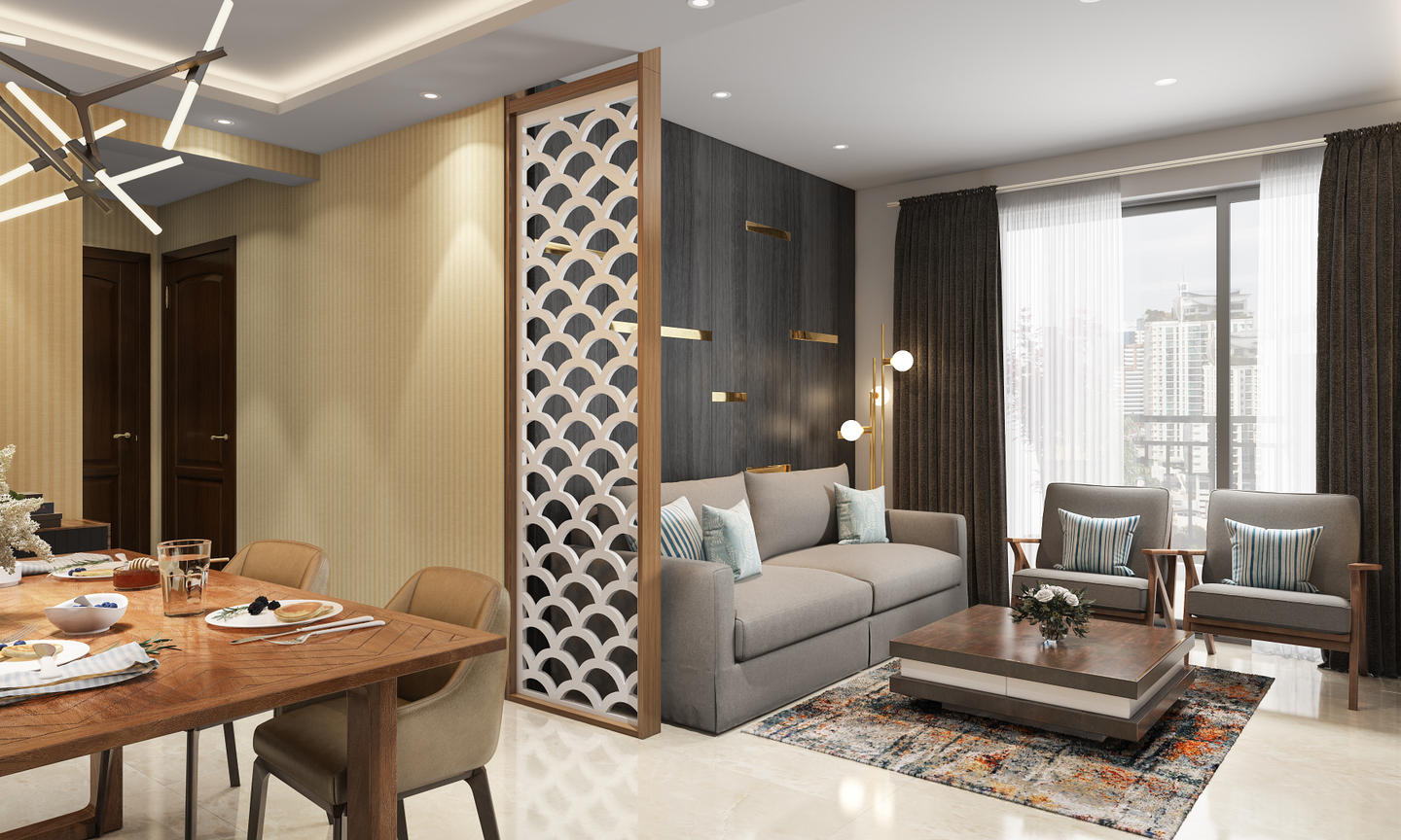 Contemporary Living Room cum Dining Area With Partition | Livspace