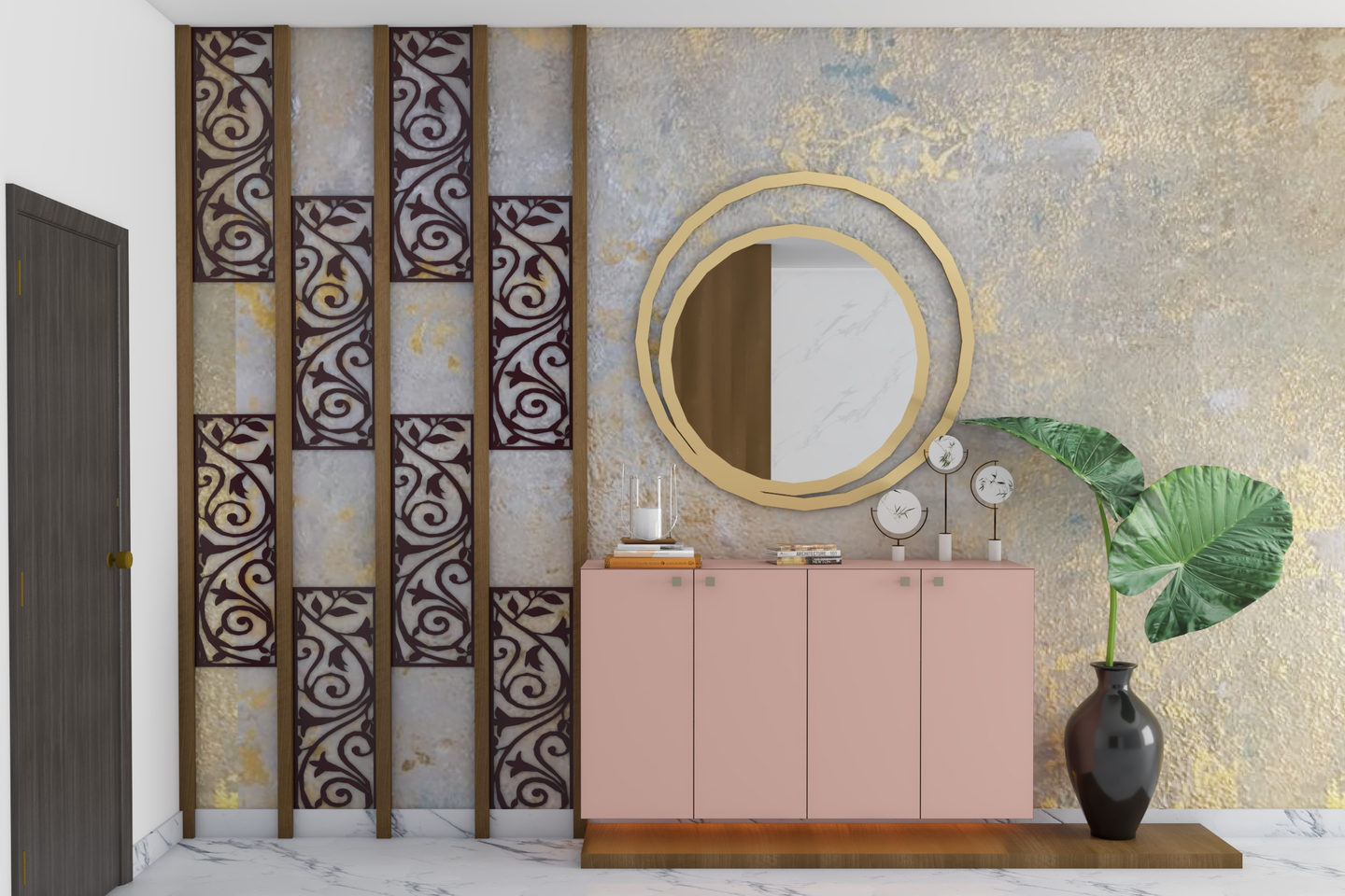 Modern Foyer Design With Pink Storage Unit | Livspace