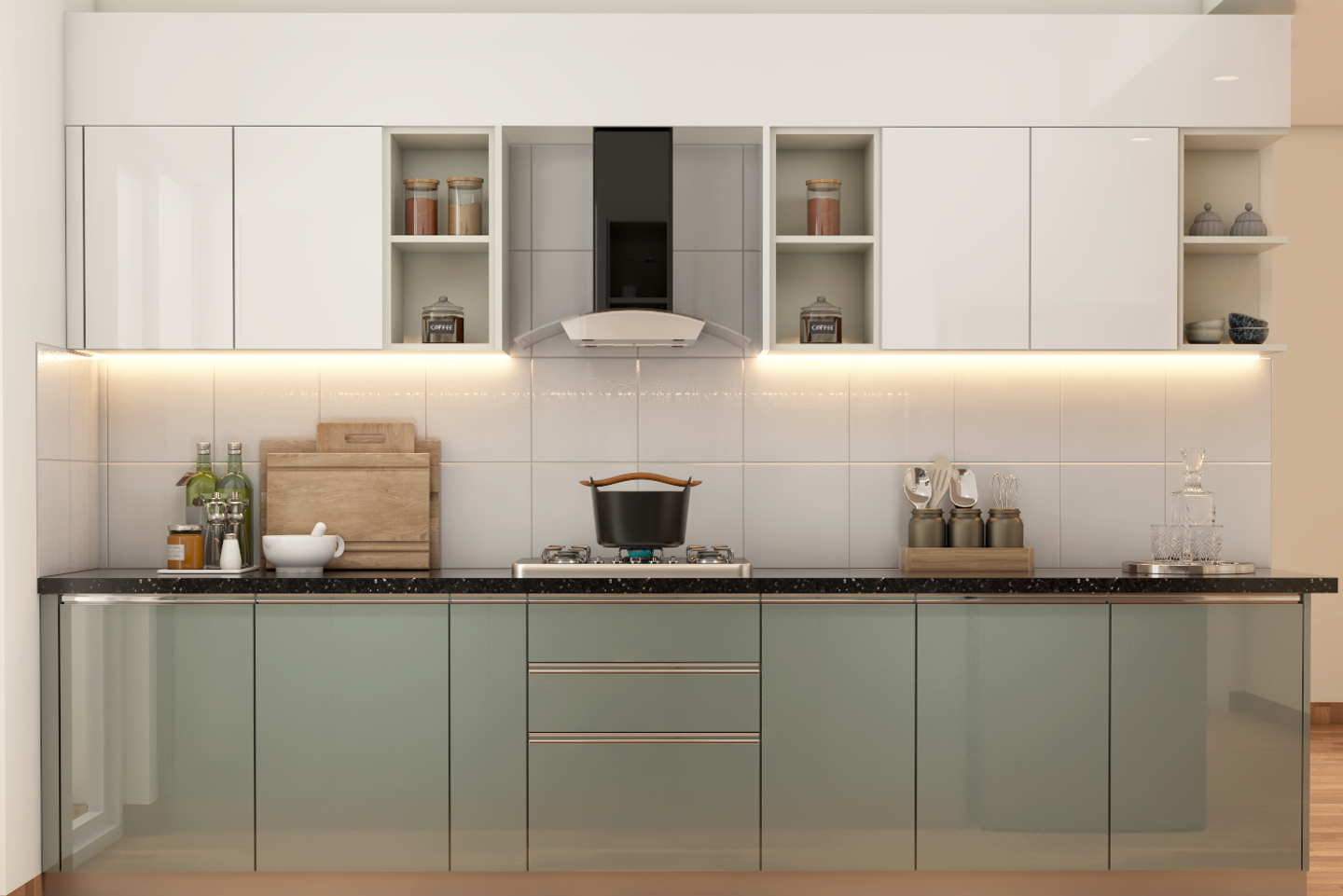 Contemporary Kitchen Design With Chimney And Shelves | Livspace