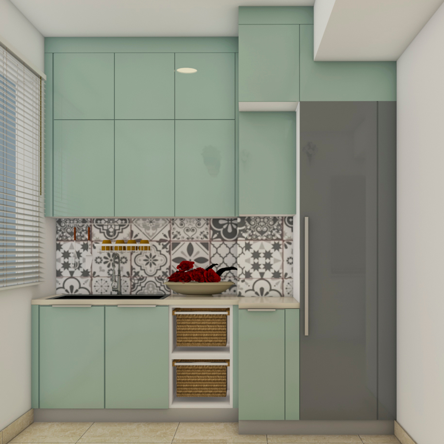 Pastel Green Themed Contemporary Kitchen With Breakfast Counter | Livspace