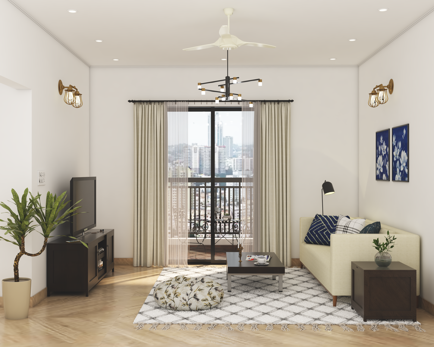 Spacious Modern Themed Warm Versatile Living Room Design | Livspace