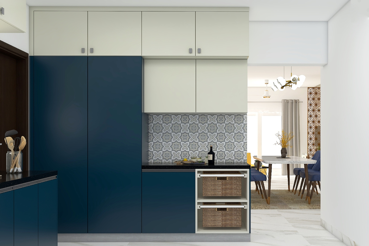 Modular Kitchen Design With Patterned Dado Tiles - 13X12 Ft | Livspace