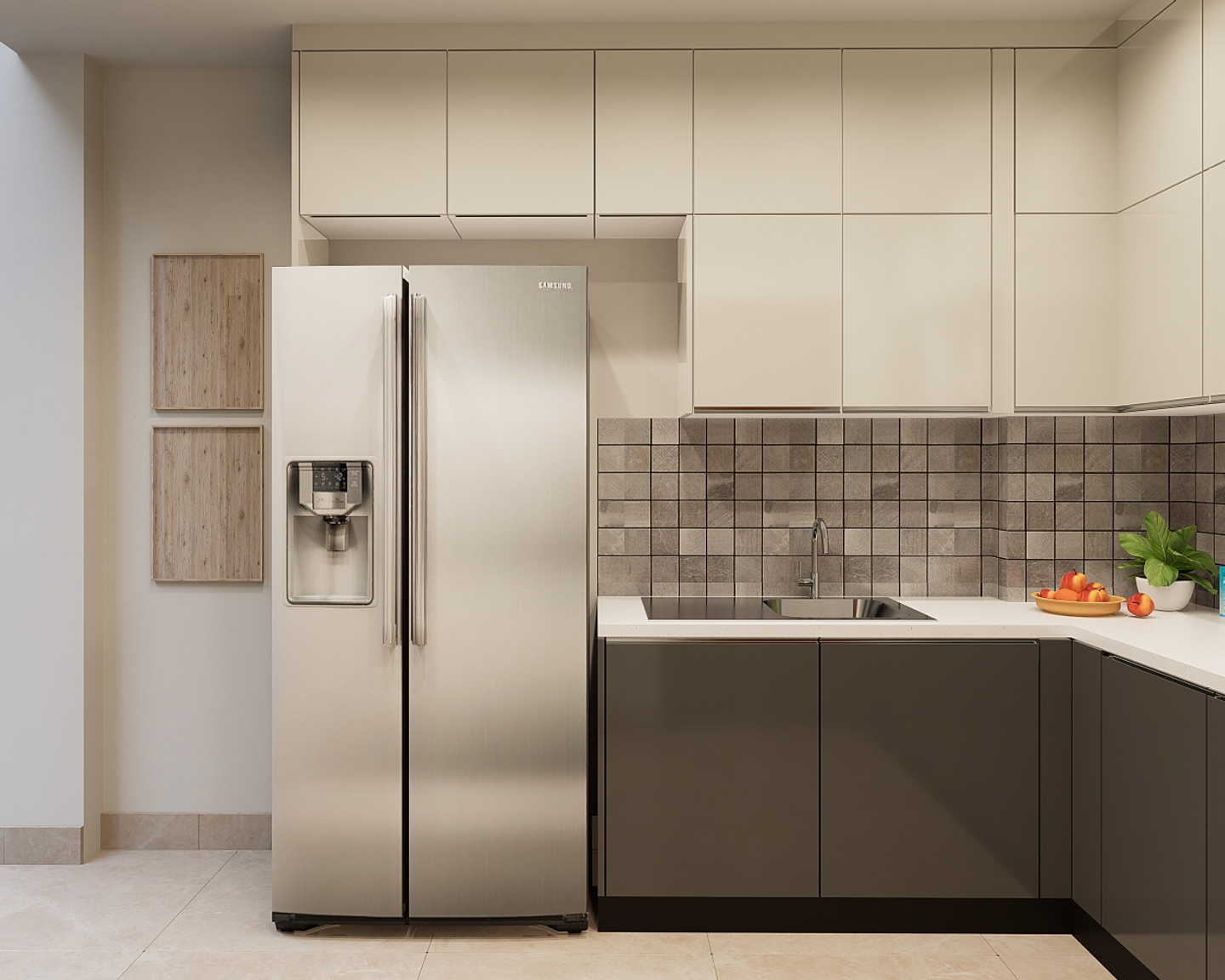 Modular Kitchen Design With Grey Dado Tiles - 12X12 Ft | Livspace