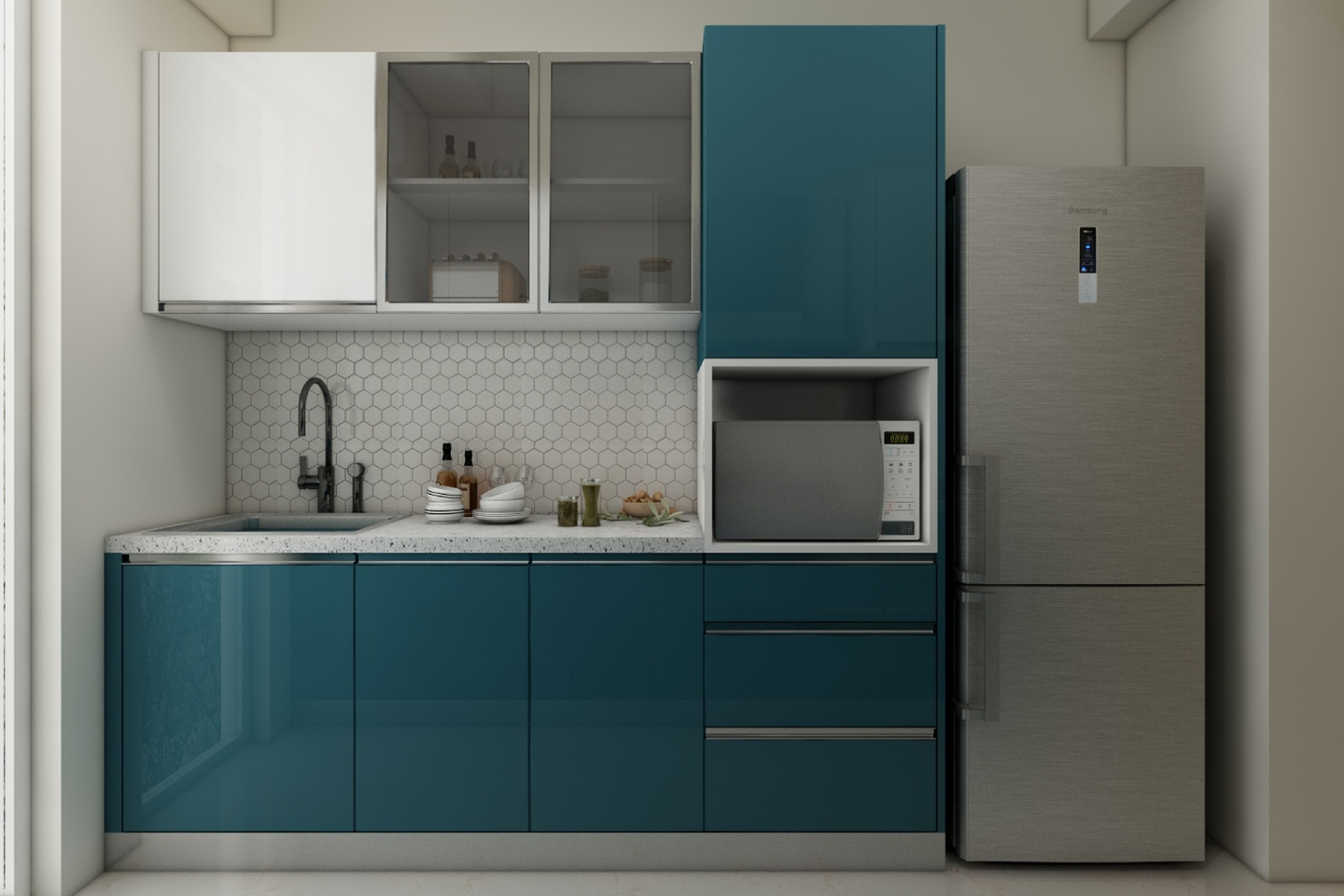 Modular Kitchen Design With White Dado Tiles - 12X10 Ft | Livspace