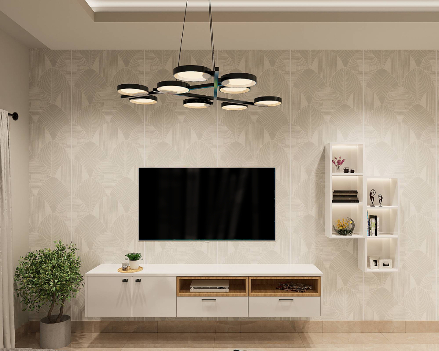 Contemporary TV Cabinet With Wall-Mounted Storage | Livspace