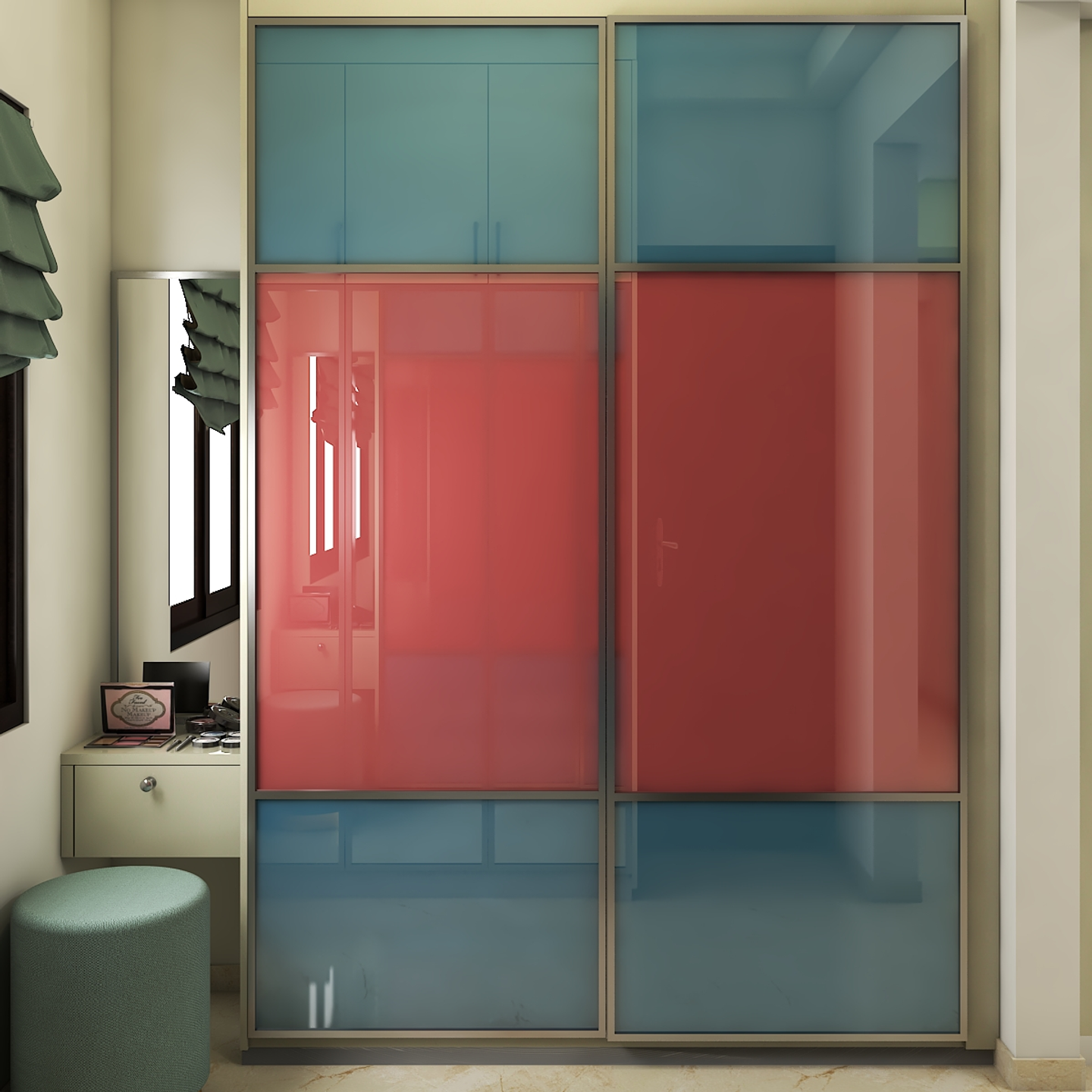 Modern Wardrobe with Dual Red and Blue Glossy Colours | Livspace