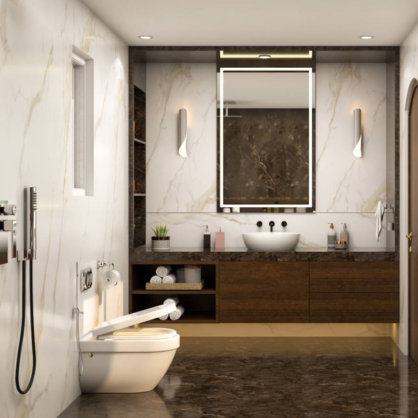 Modern Well-Lit Bathroom Design With Marble Interiors | Livspace