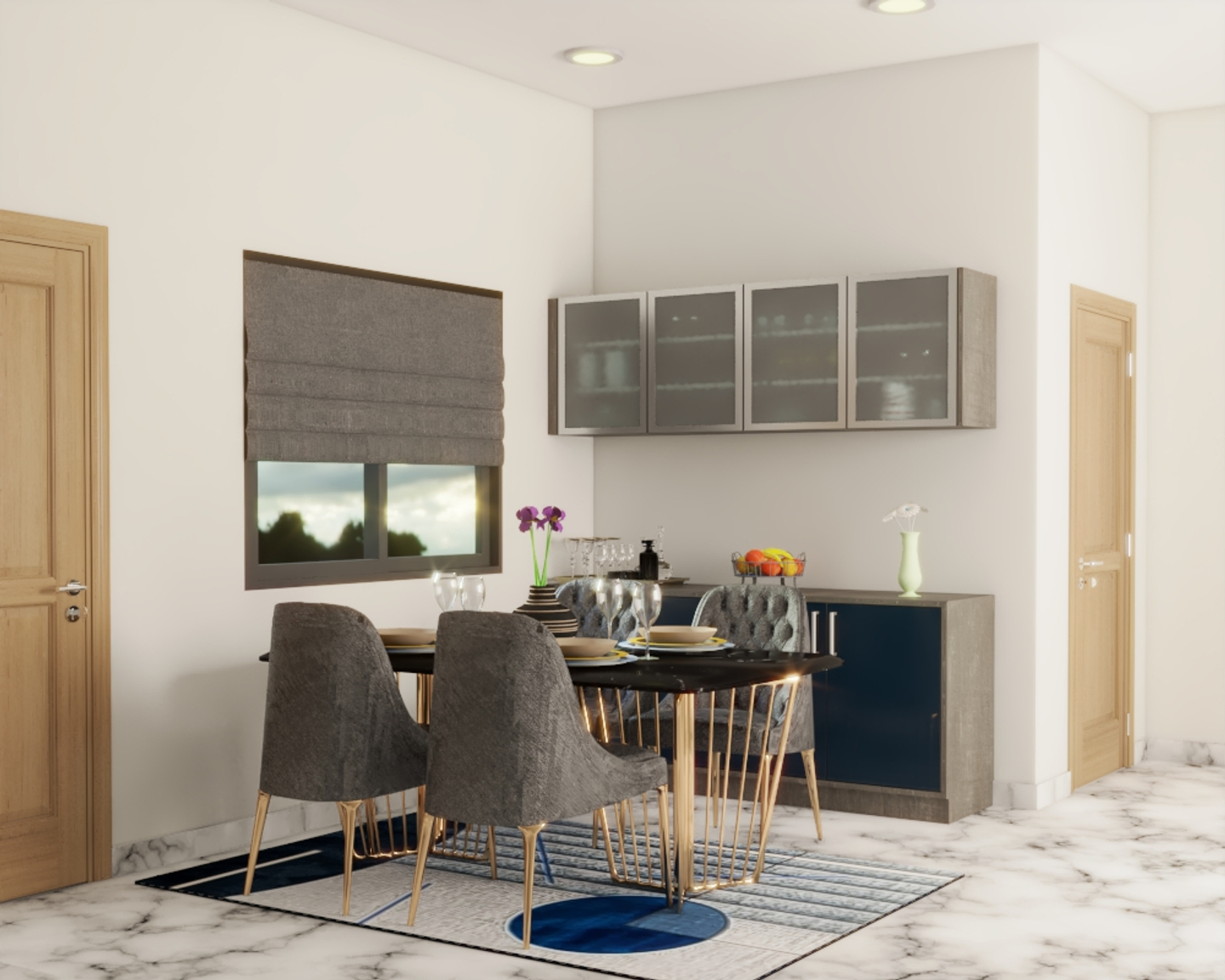 Spacious Dining Room Design With Golden Legs And Black Marble Top ...
