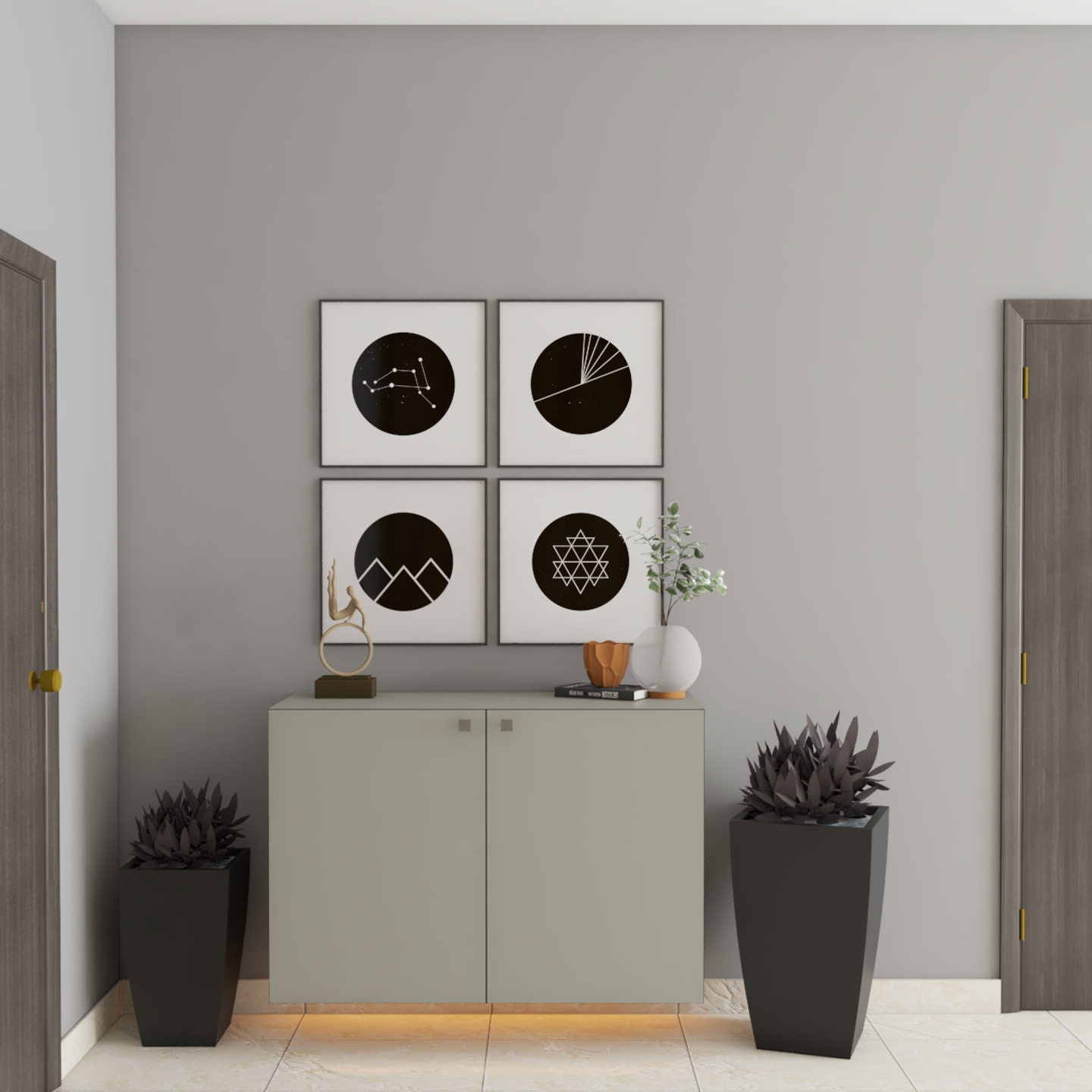 Modern Foyer Design With Grey Cabinet And Black Pictures - Livspace