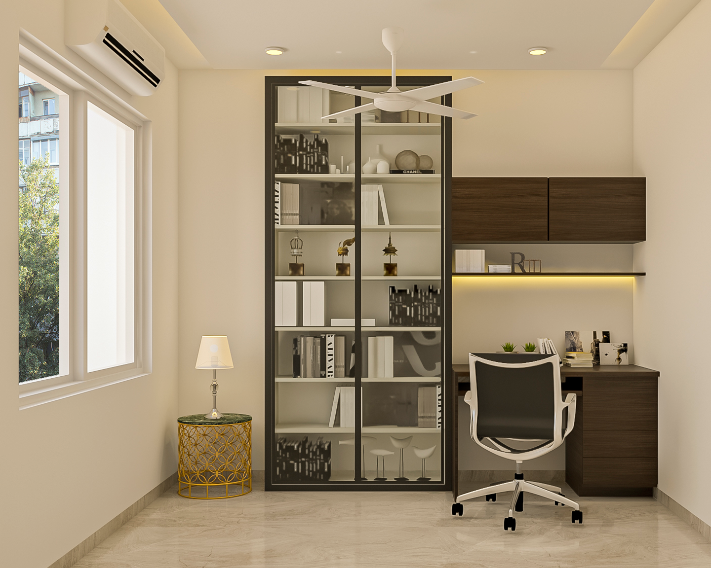 Modern Study Room Design With Tall Book Rack And Floating Ledge | Livspace