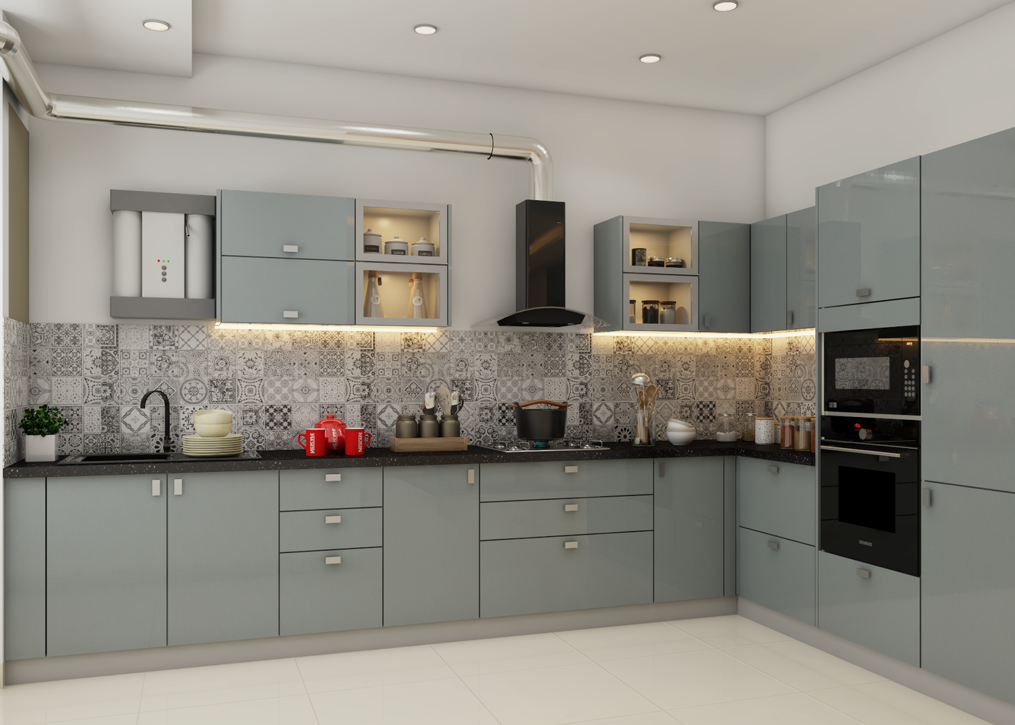 Modern Grey Kitchen Design with Task Lighting and In-Built Appliances ...