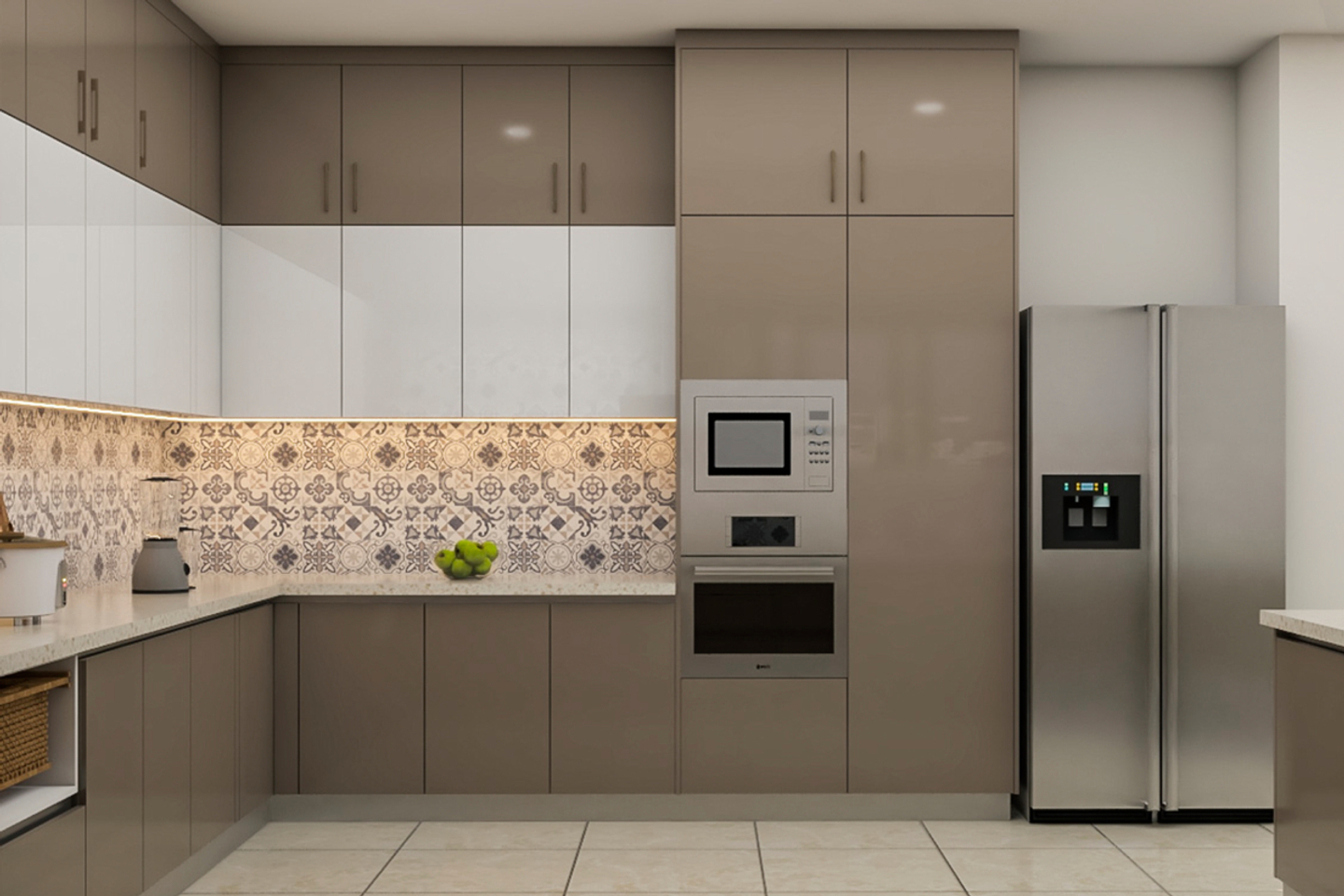 Spacious Modular Kitchen Designs With Brown And White Storage Cabinets ...