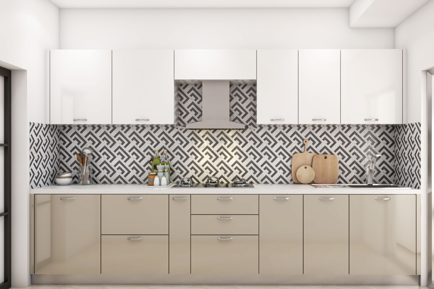 Modern Compact Kitchen Design Idea With Patterned Tiles | Livspace