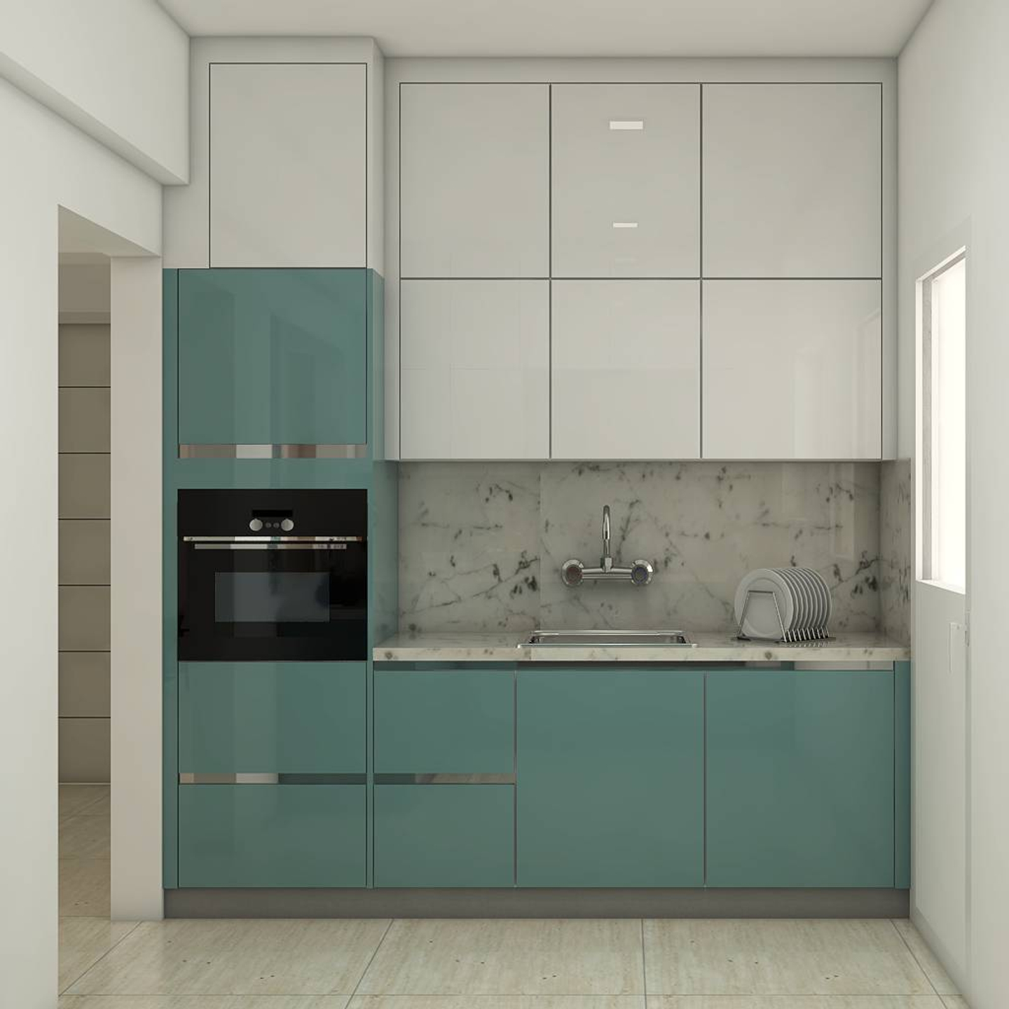 Spacious Kitchen Design With Blue Coloured And White Cabinets | Livspace