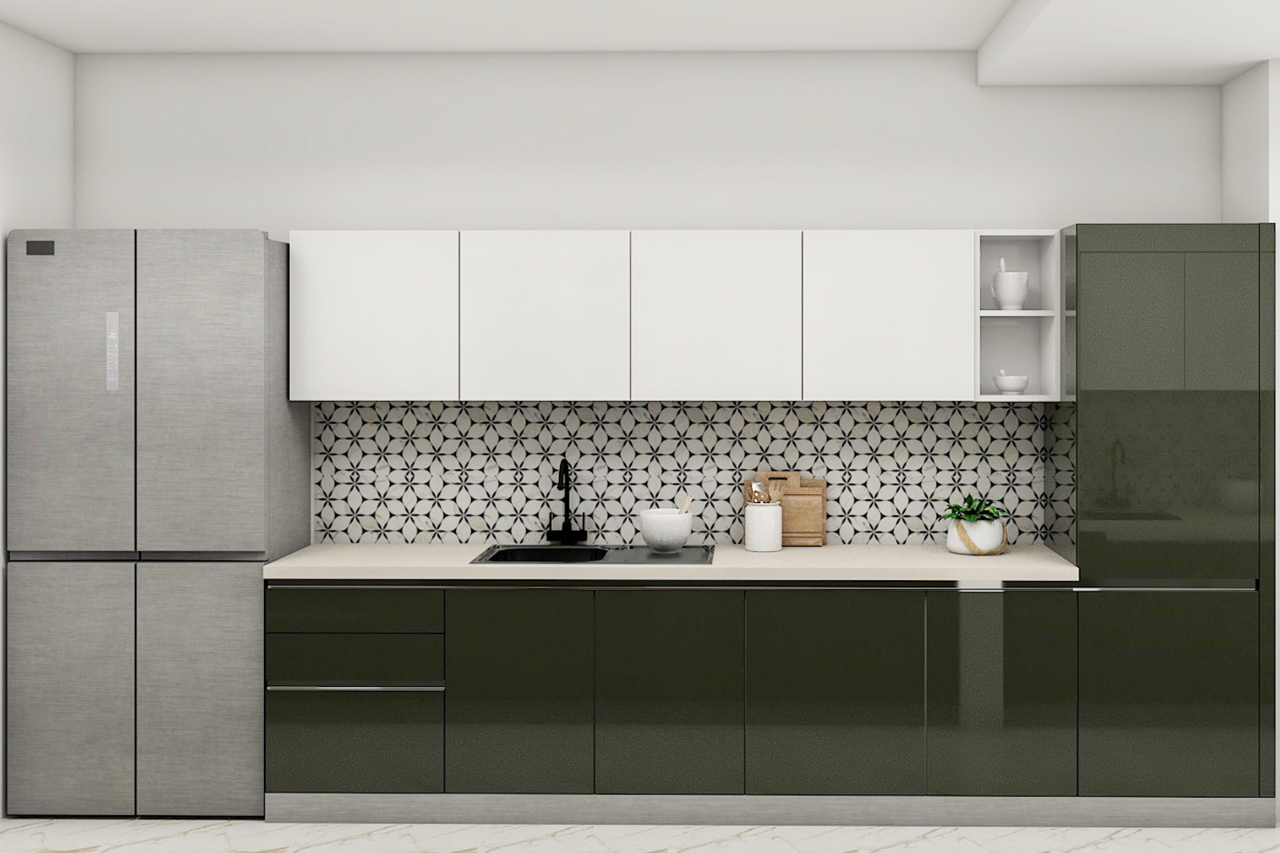 Dark Green And White Contemporary Compact Kitchen Design | Livspace