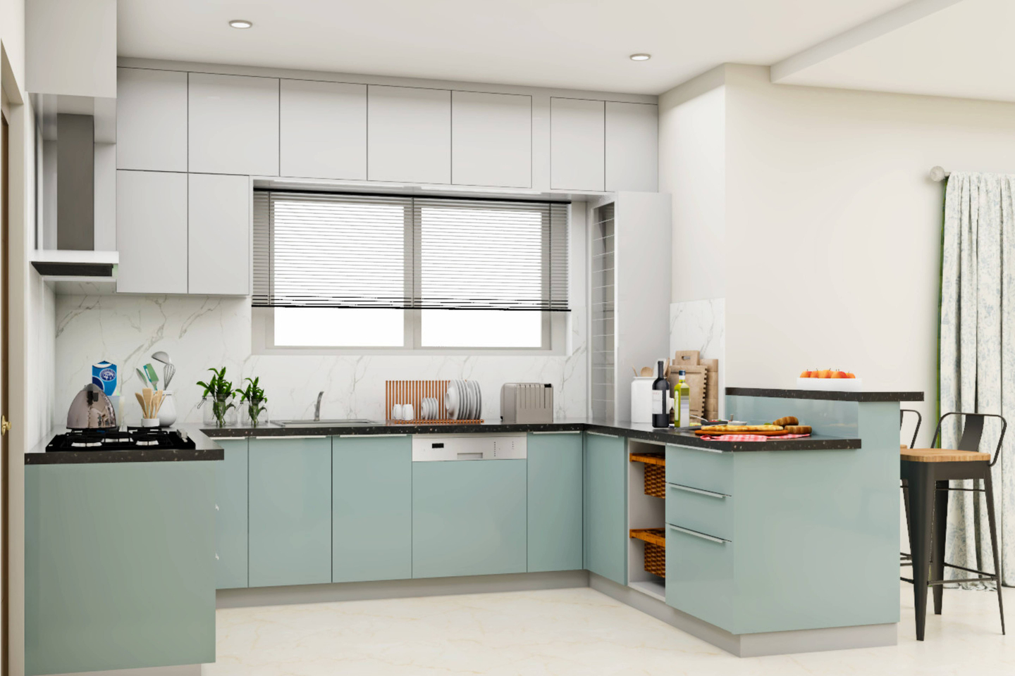 Spacious Kitchen Design With Breakfast Counter And Pale Blue Cabinets | Livspace