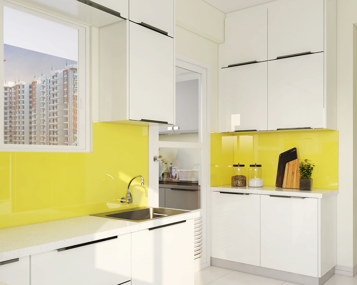Spacious Glossy White And Yellow Kitchen Design | Livspace