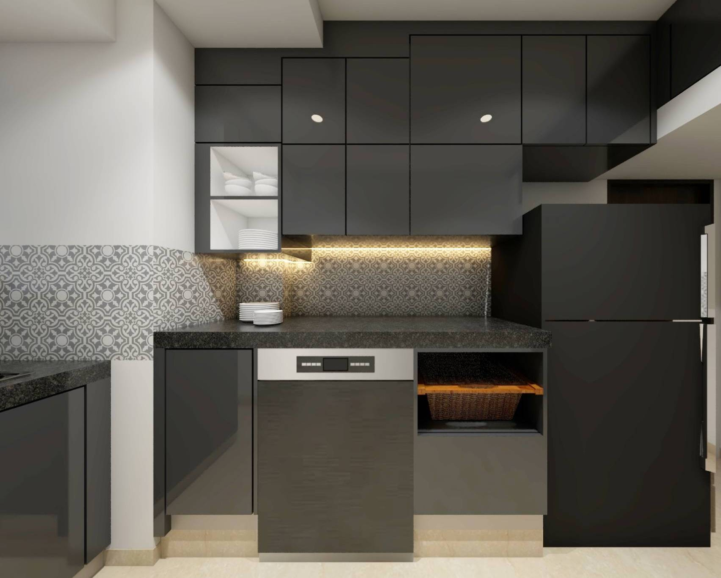 Maximum Storage Modern Style Compact Sized Kitchen Design | Livspace