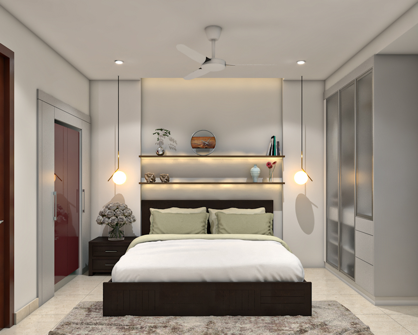 Compact Master Bedroom Design With Frosted Glass Wardrobe | Livspace