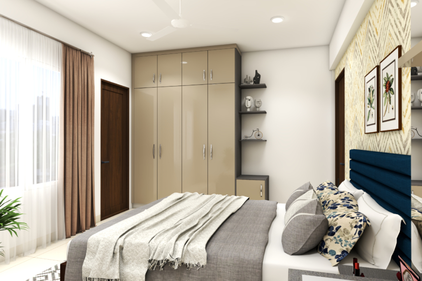 Spacious Master Bedroom Design With Grey Wardrobe | Livspace