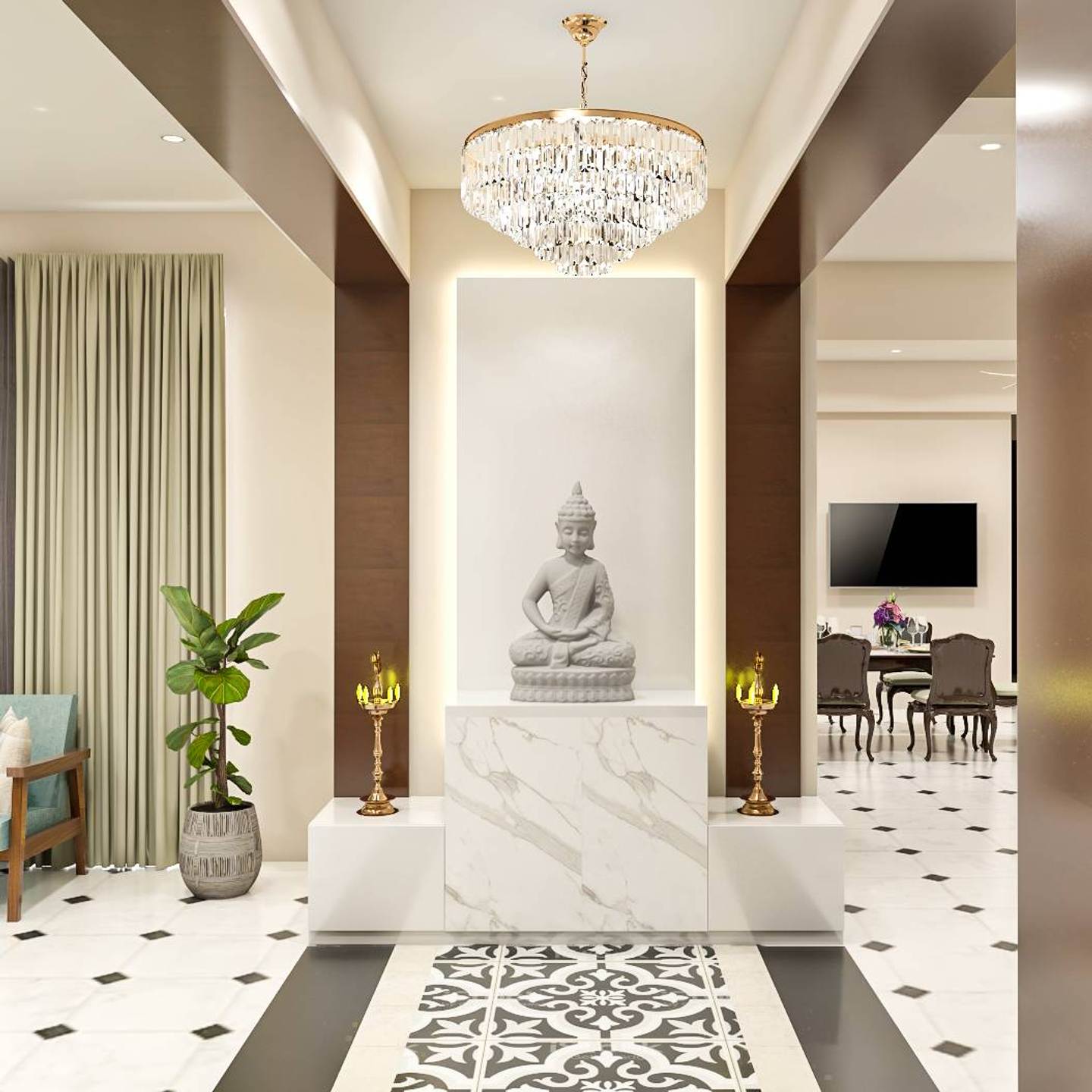 Modern Pooja Room Mandir Design With Black And White Tiles | Livspace