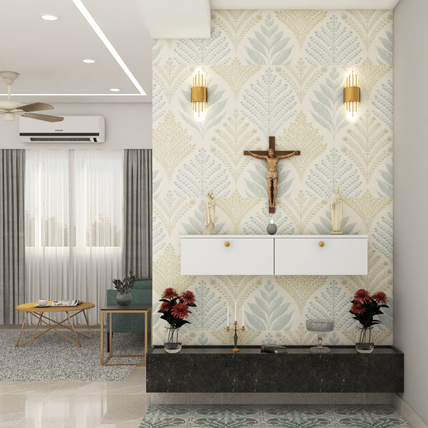 Modern Spacious Prayer Room With Beautiful Wallpaper | Livspace