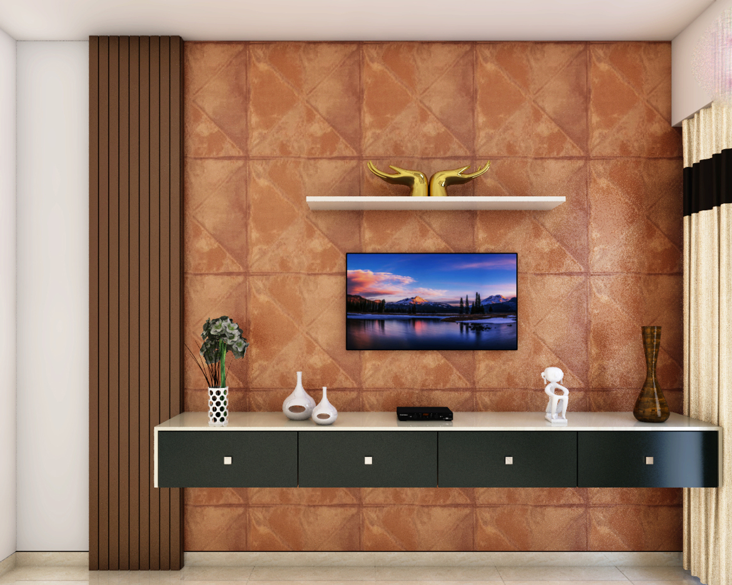 Contemporary Spacious TV Unit With Rustic Wallpaper | Livspace