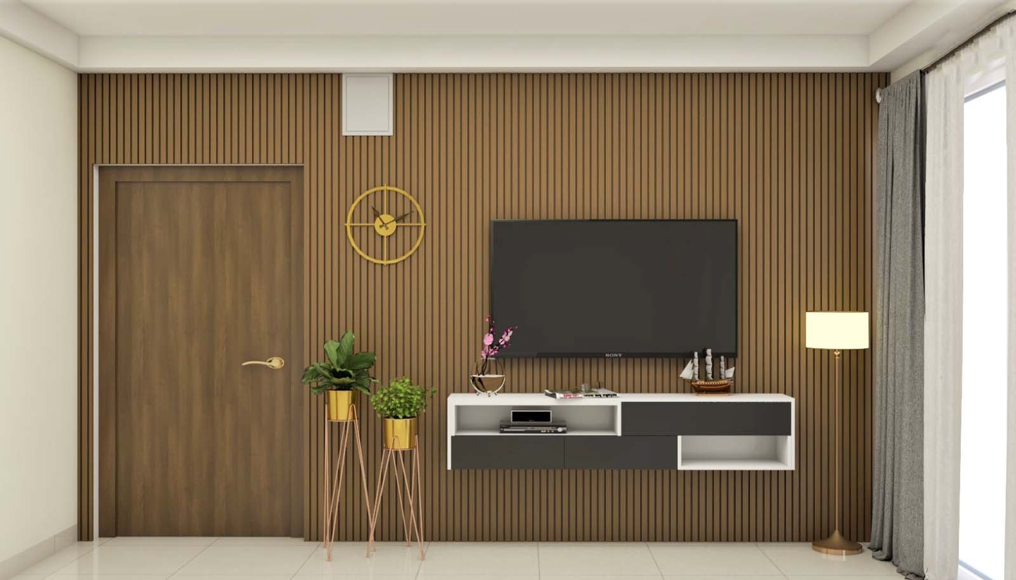 Contemporary TV Unit Design With Wooden Reapers And Wall-Mounted ...