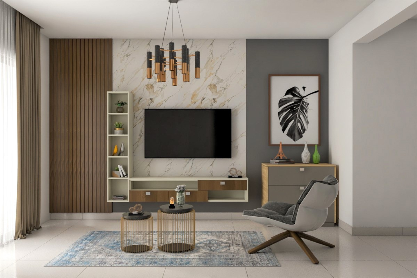 Aesthetic TV Unit Design with Marble Backdrop and Fluted Panels | Livspace