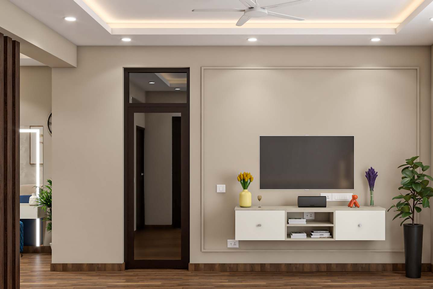 Contemporary TV Unit Design with Bordered Wall Trims and Wall-Mounted ...