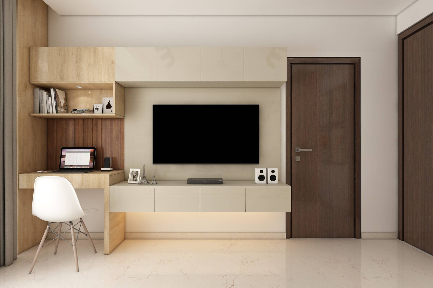 Compact Beige Themed TV Unit Design With Study Desk | Livspace