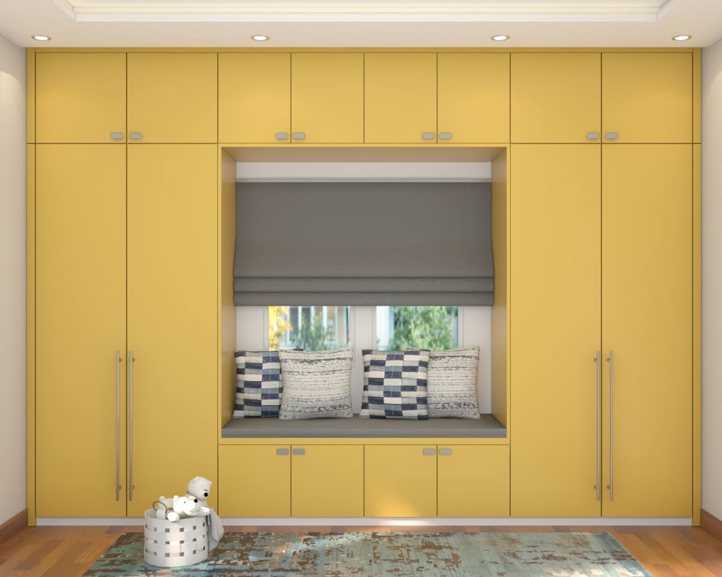 Contemporary Yellow Themed Wardrobe Design With Seating | Livspace