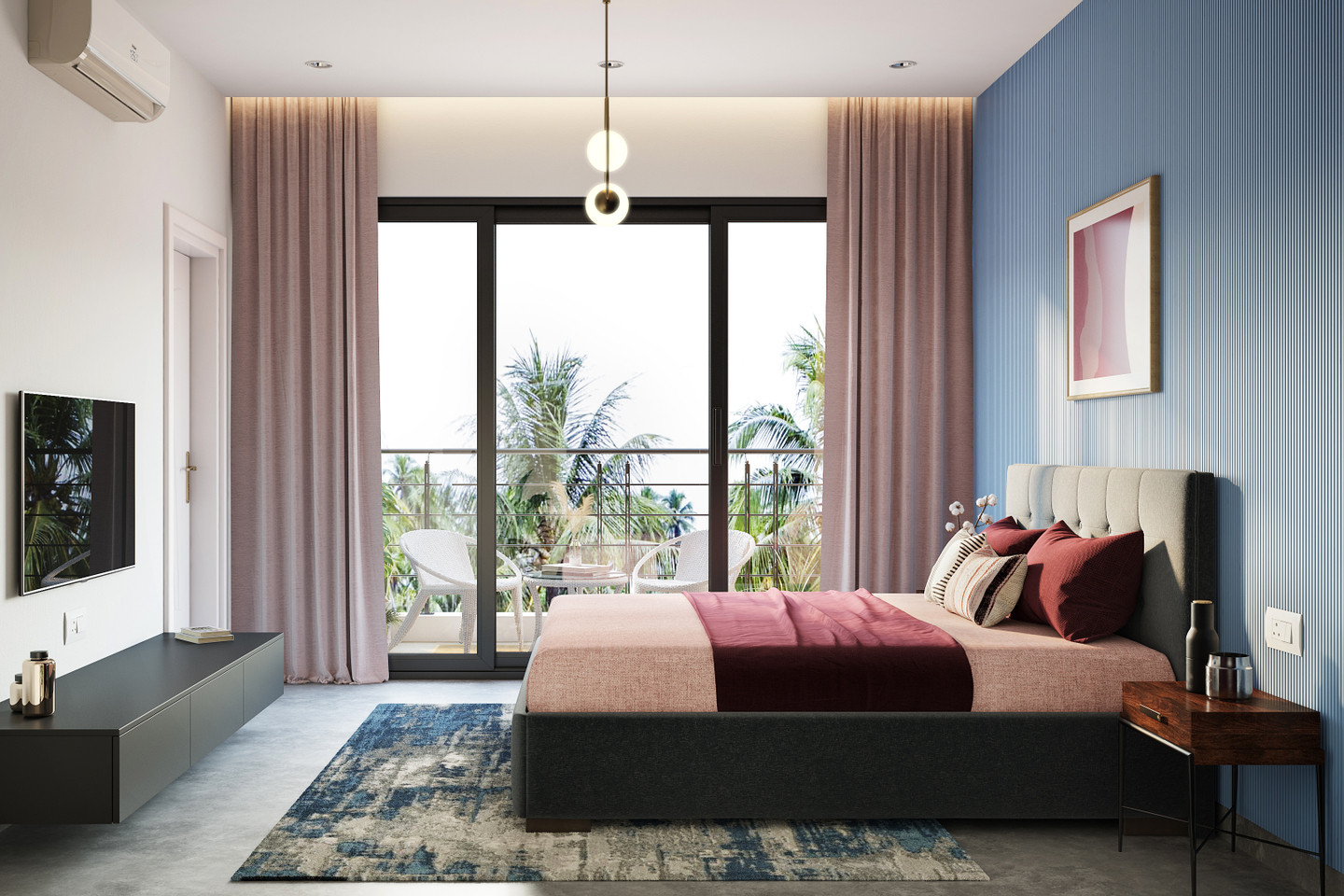 Spacious Master Bedroom Desig With Blue TV Console | Livspace